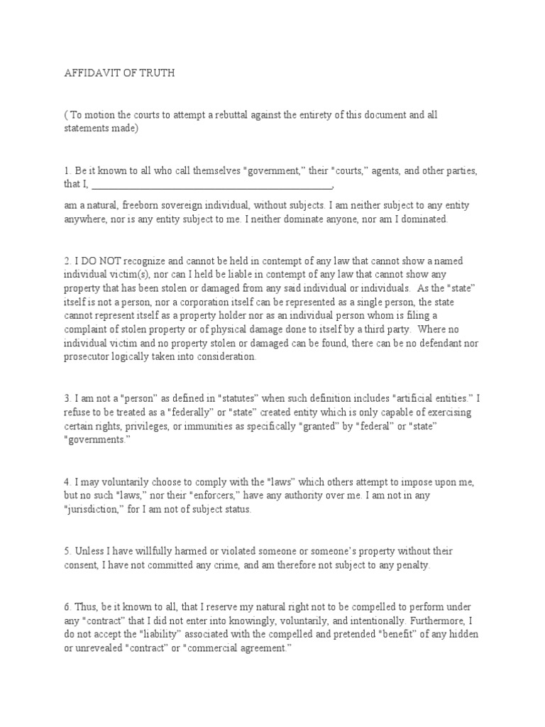 Affidavit of Truth General | PDF | Freedom Of Movement | Citizenship