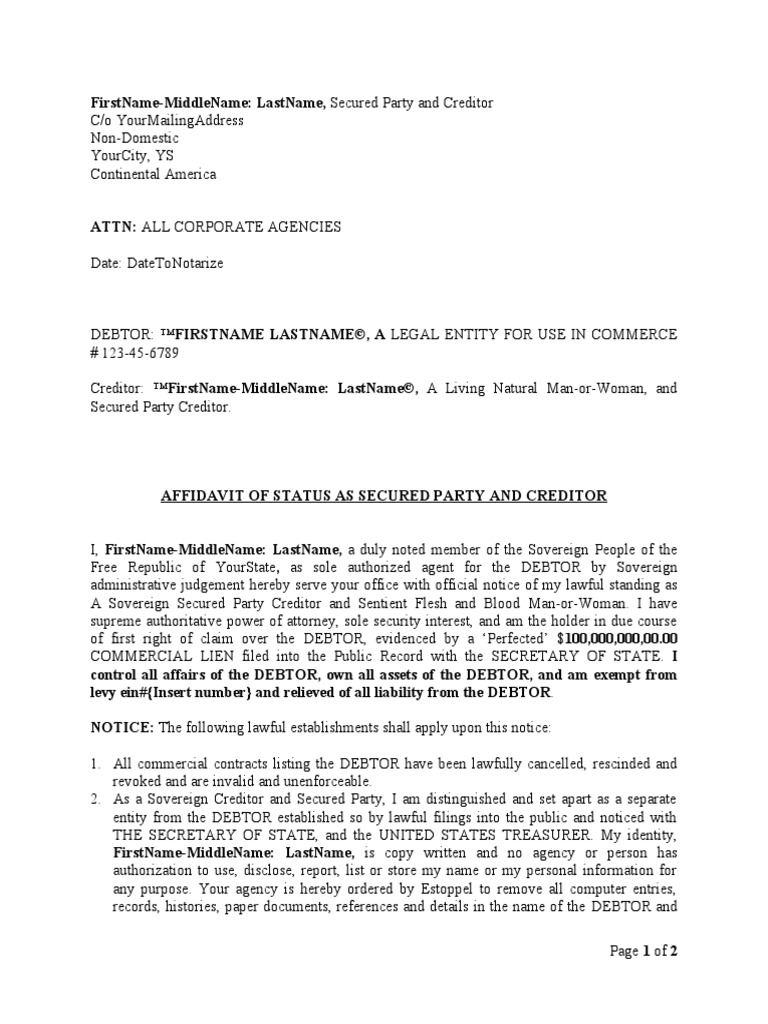 Affidavit of Status As Secured Party and Creditor | PDF | Government | Justice