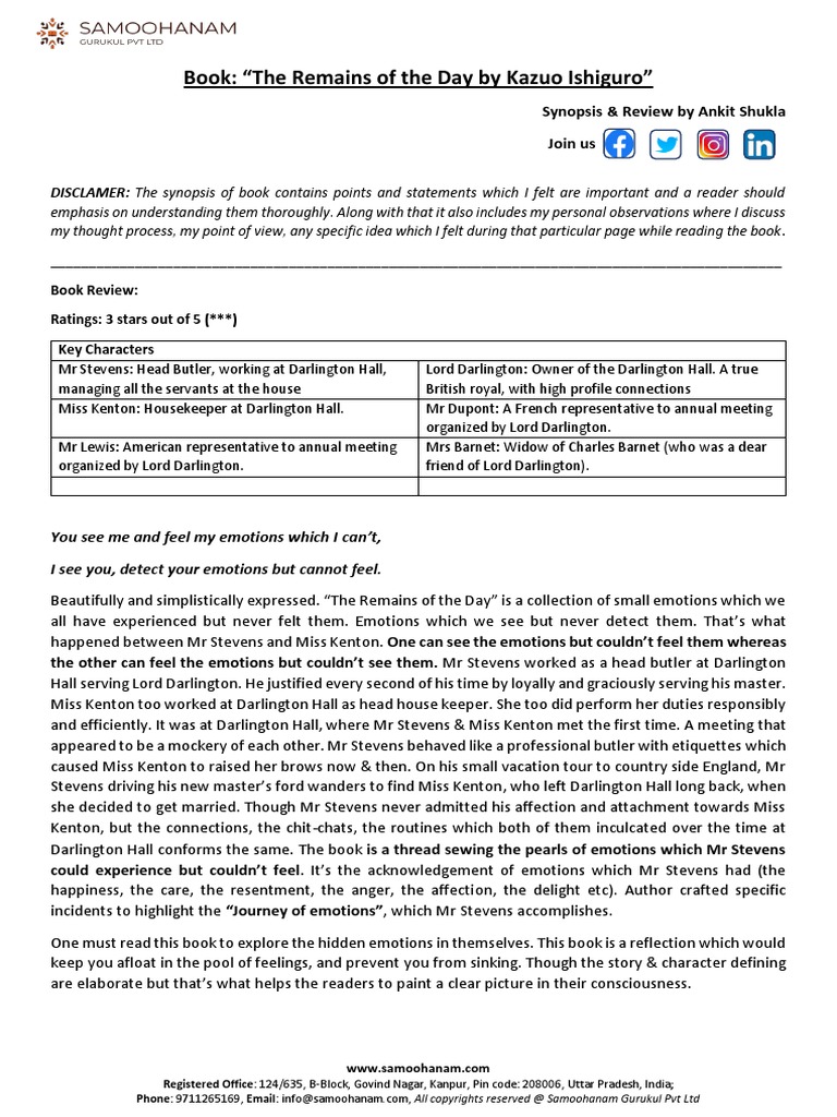 Synopsis, The Remains of The Day by Kazuo Ishiguro | PDF ...