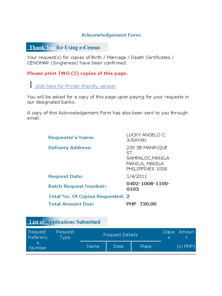 Acknowledgement Form: Please Print TWO (2) Copies of This Page | PDF ...