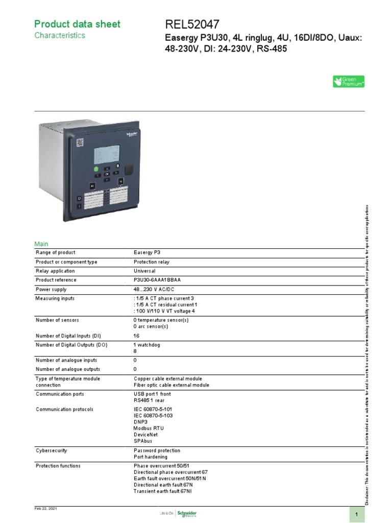 Product Data Sheet for the Easergy P3U30 Protection Relay: A ...