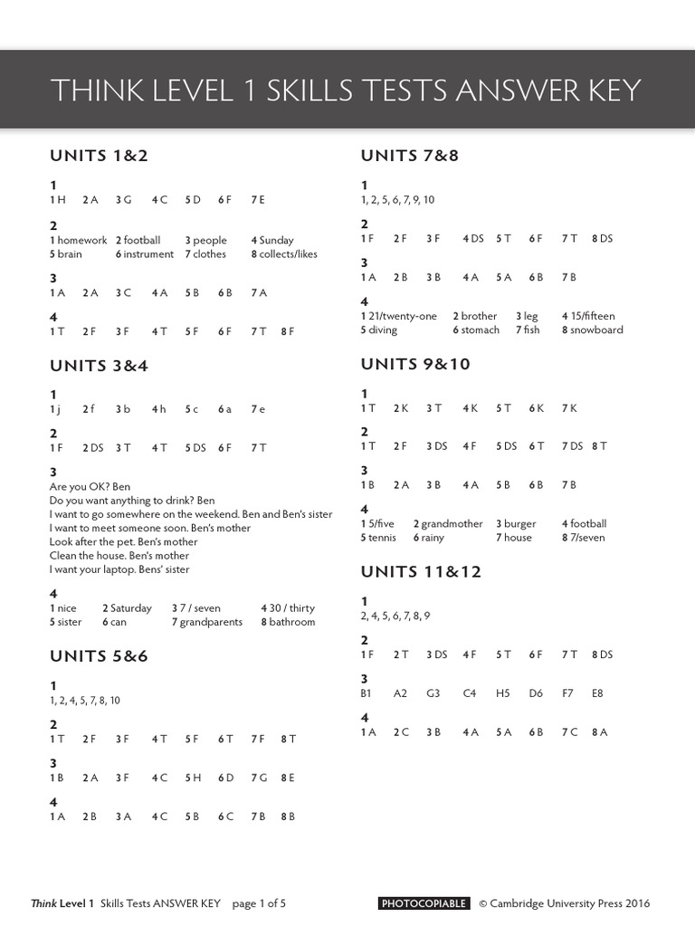 Think Level 1 Skills Test Key, Scripts & Acknowledgements | PDF | Word ...
