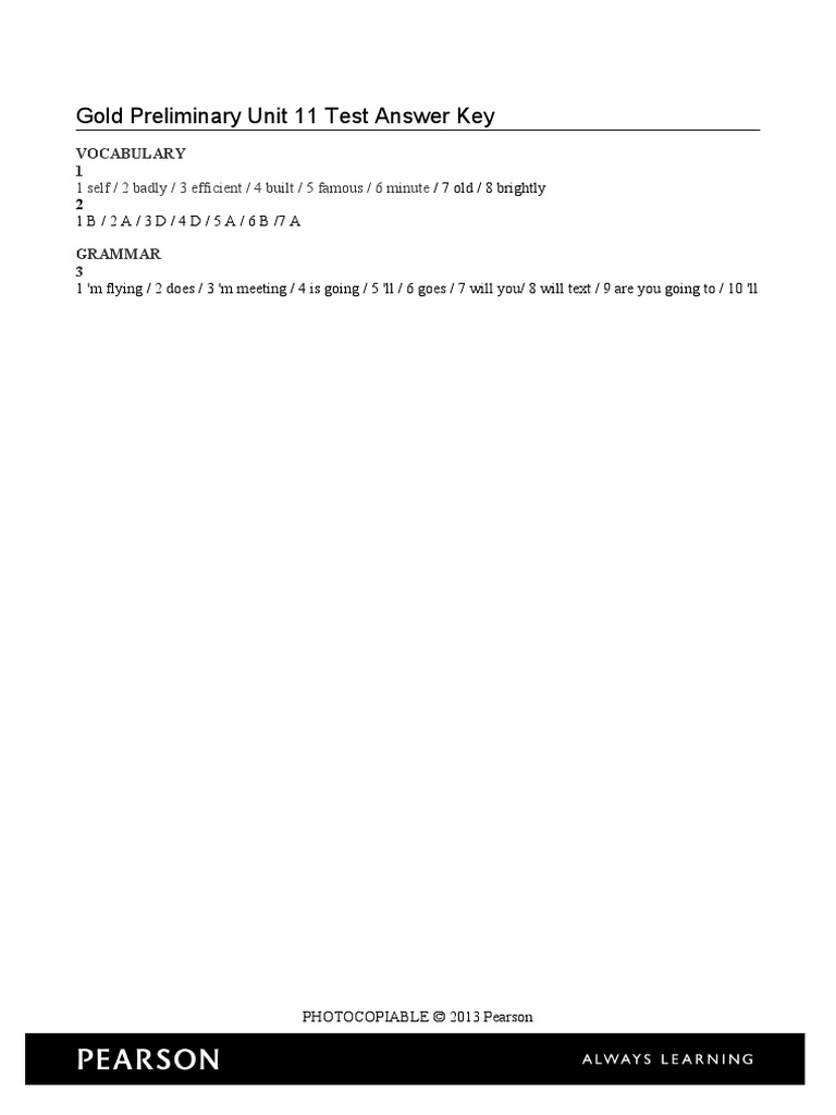 Gold Preliminary Unit 11 Test Answer Key: Vocabulary 1 | PDF