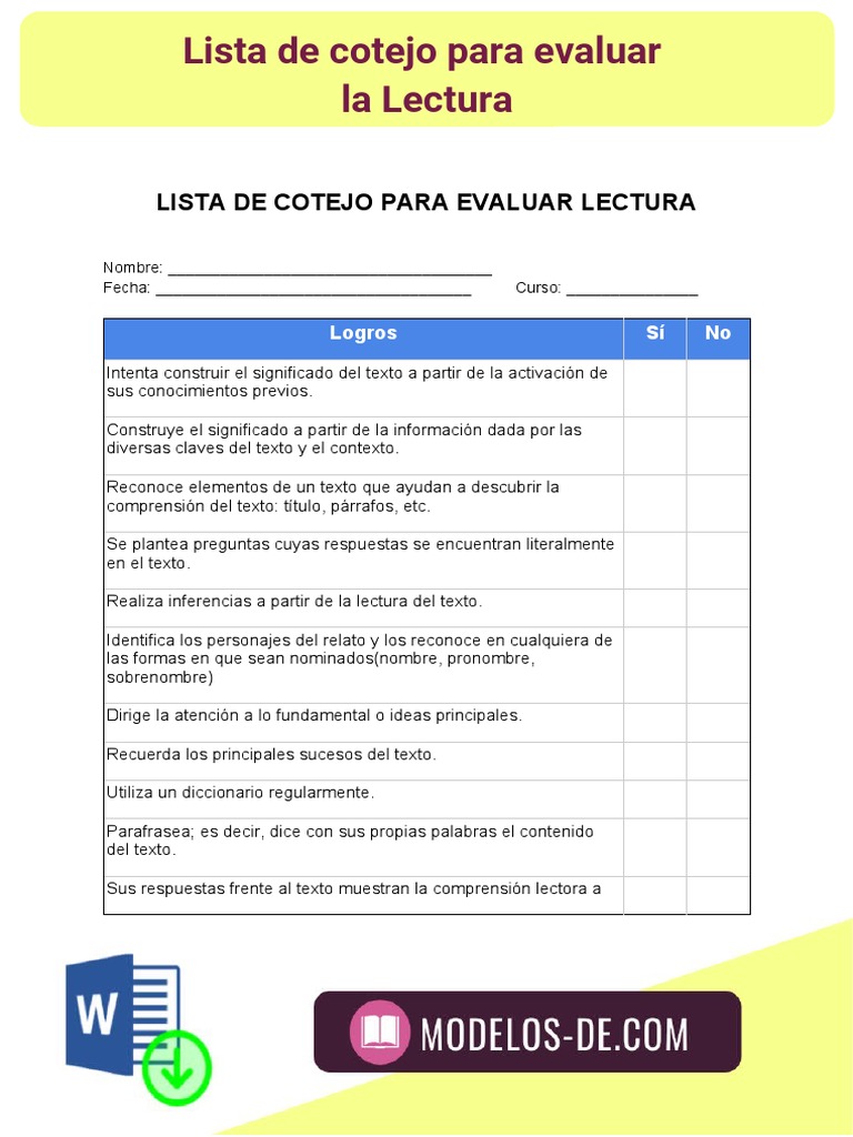 Lista de Cotejo para Evaluar Lectura | PDF