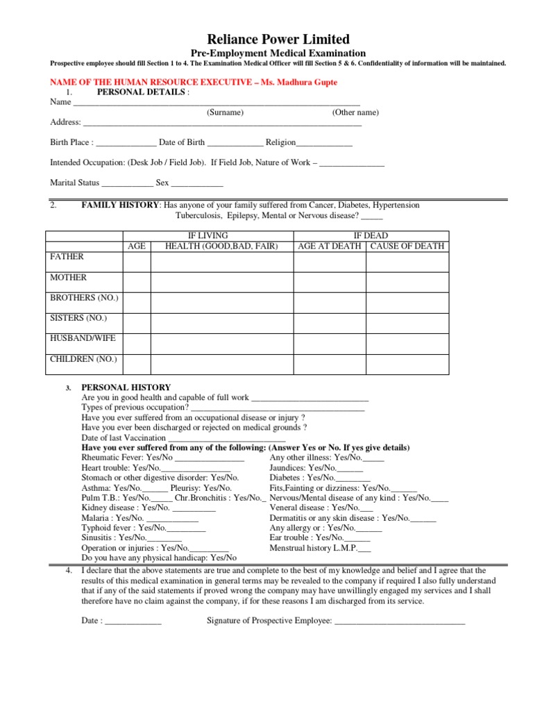 Pre-Employment Medical Form | PDF | Medical Specialties | Clinical Medicine