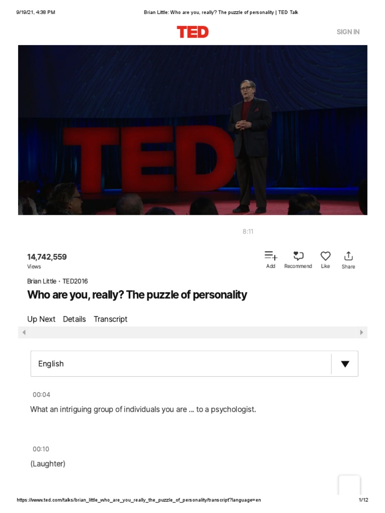 Brian Little - Who Are You, Really - The Puzzle of Personality - TED Talk | PDF | Extraversion ...
