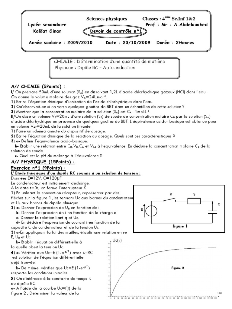 Devoir de Contrôle N°1 - Physique - Bac Info (2009-2010) MR A.Abdelwahed | Download Free PDF ...