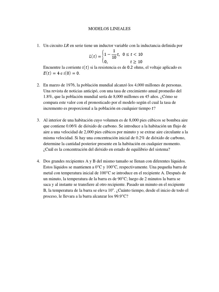 Problemas Modelos Lineales Primer Orden | PDF | Ciencia y matemáticas