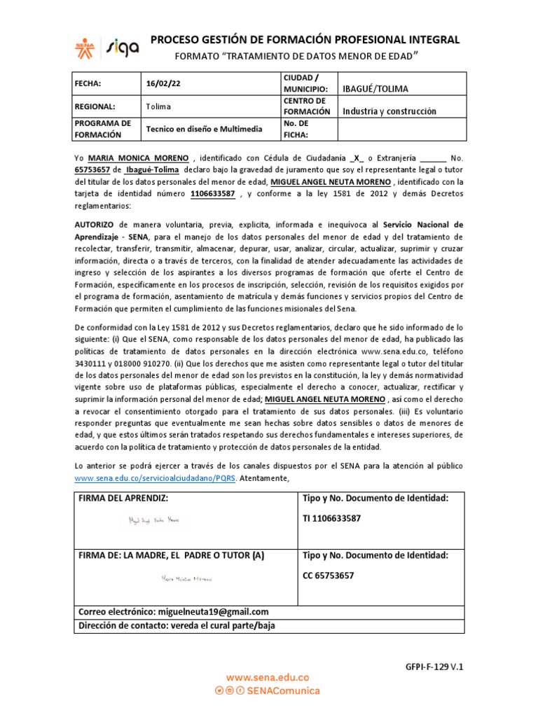 GFPI-F-129 Formato Tratamiento de Datos Menor de Edad | PDF