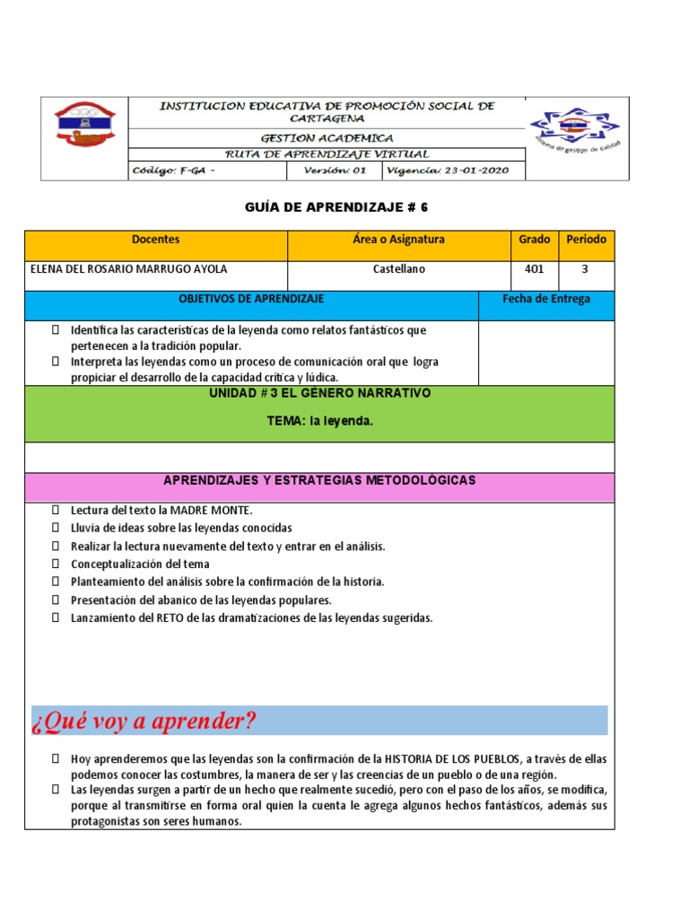 Guía # 6 de Castellano La Leyenda | PDF | Aprendizaje | Leyendas