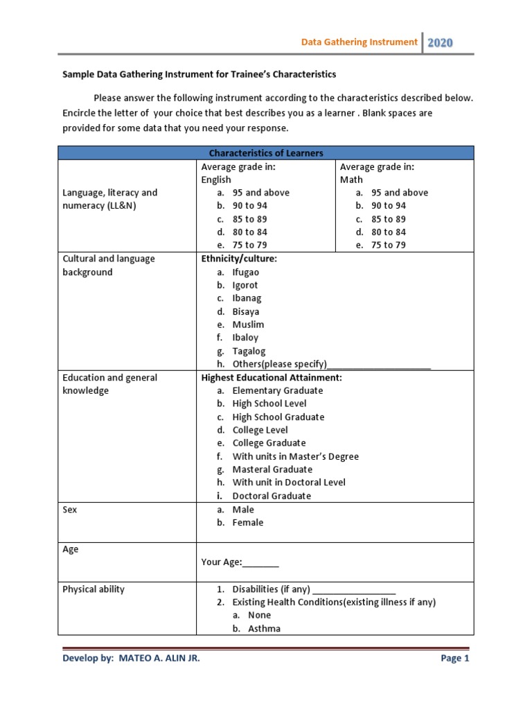Sample Data Gathering Instrument For Trainee | PDF | Learning | Learning Styles