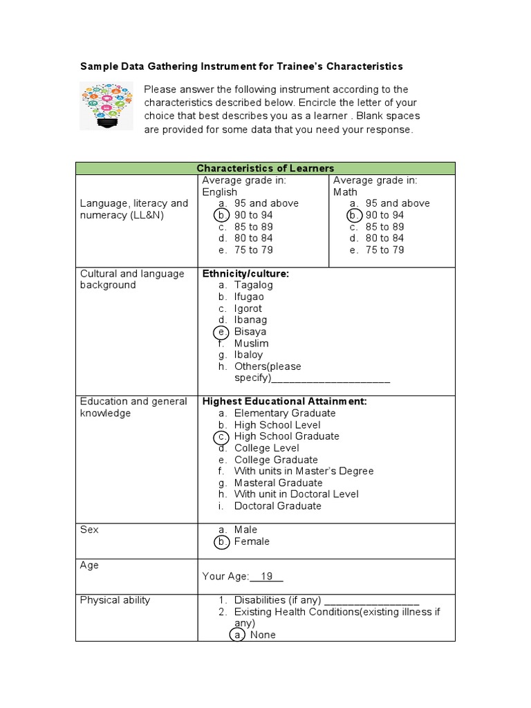 Task Sheet 1.1 Data Gathering Instrument For Trainee's Characteristics ...