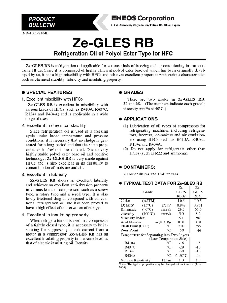 Oil of PE Type For HFC | PDF | Refrigerator | Chemical Substances