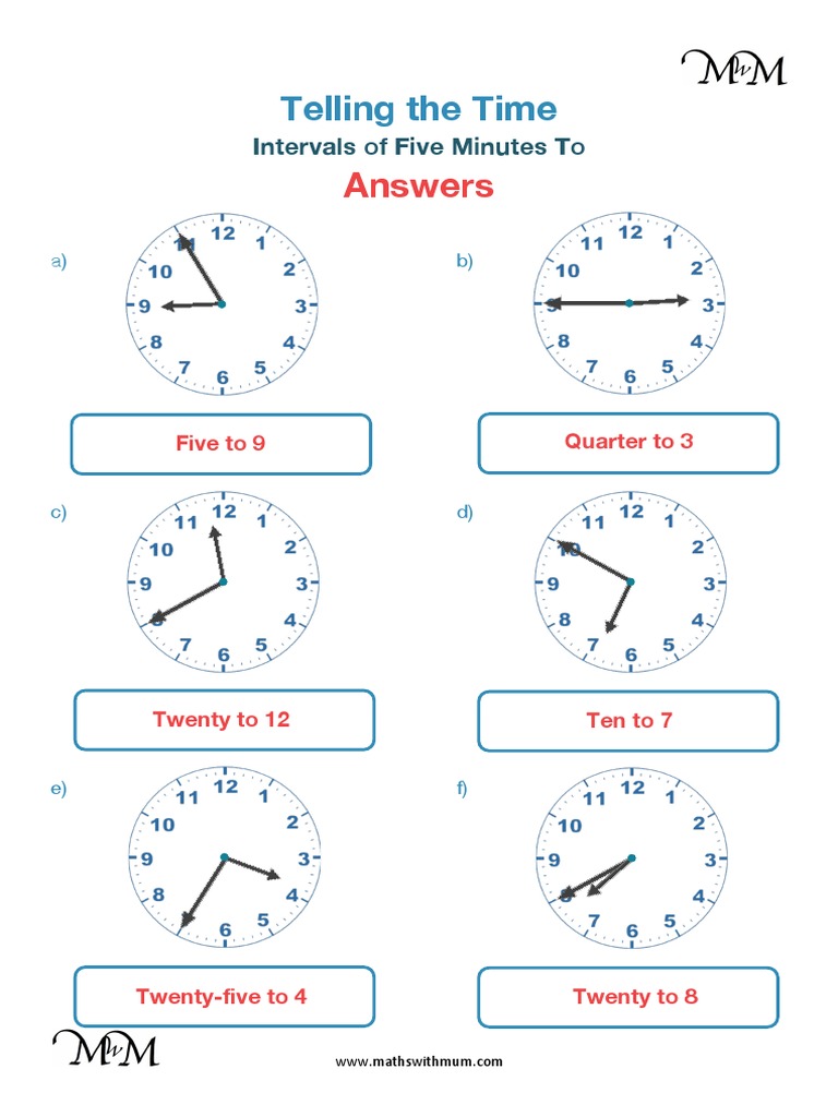 Telling The Time Intervals of Five Minutes To ANSWERS | PDF