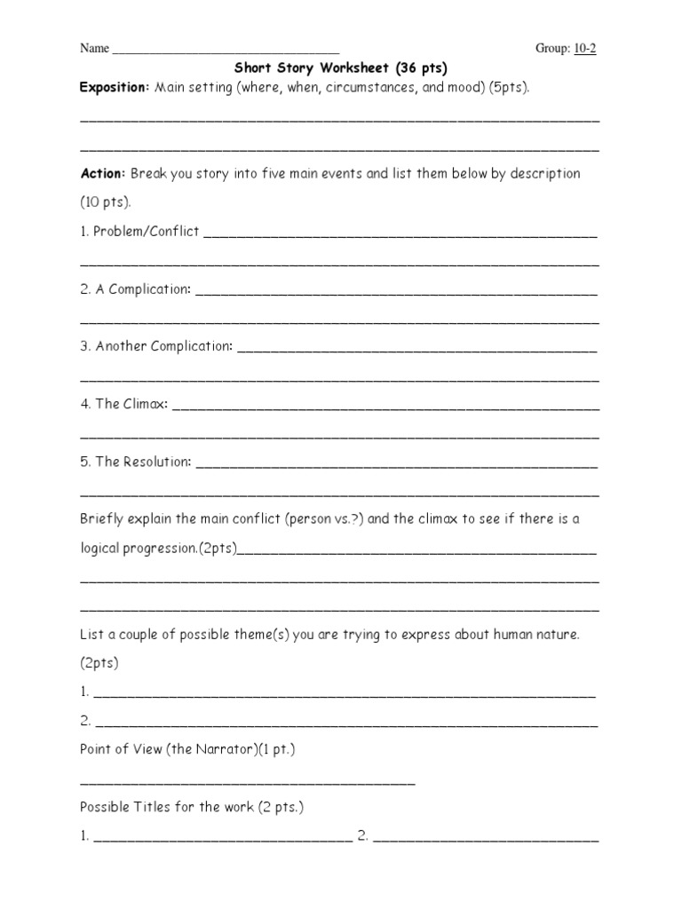 Short Story Worksheet (36 PTS) Exposition: Main Setting (Where, When ...