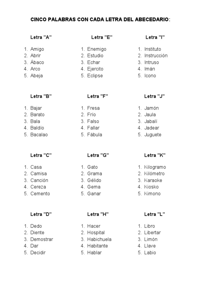 Cinco Palabras Con Cada Letra Del Abecedario | PDF