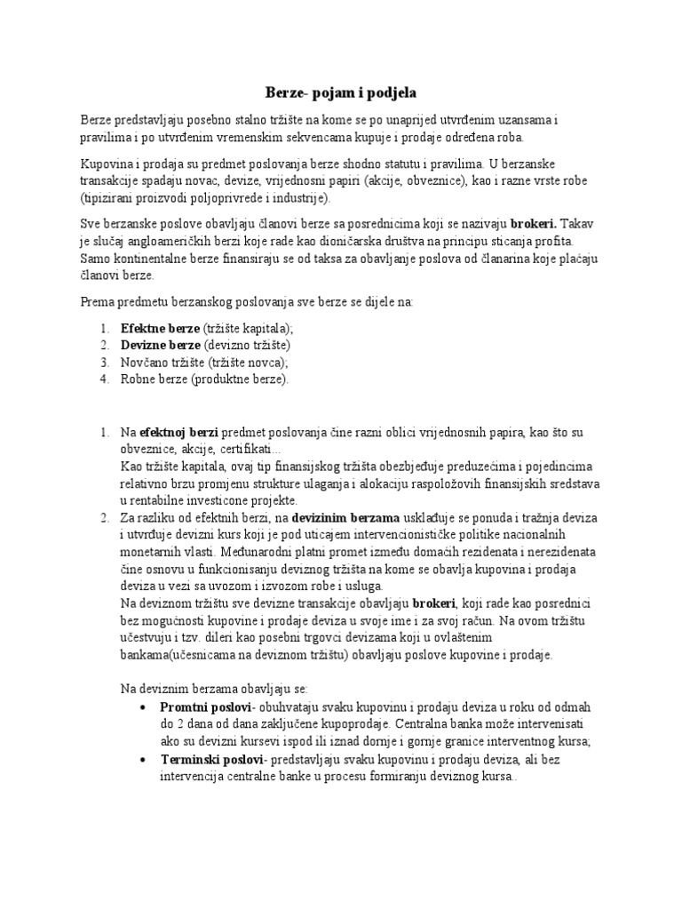Berze - Pojam I Podjela | PDF
