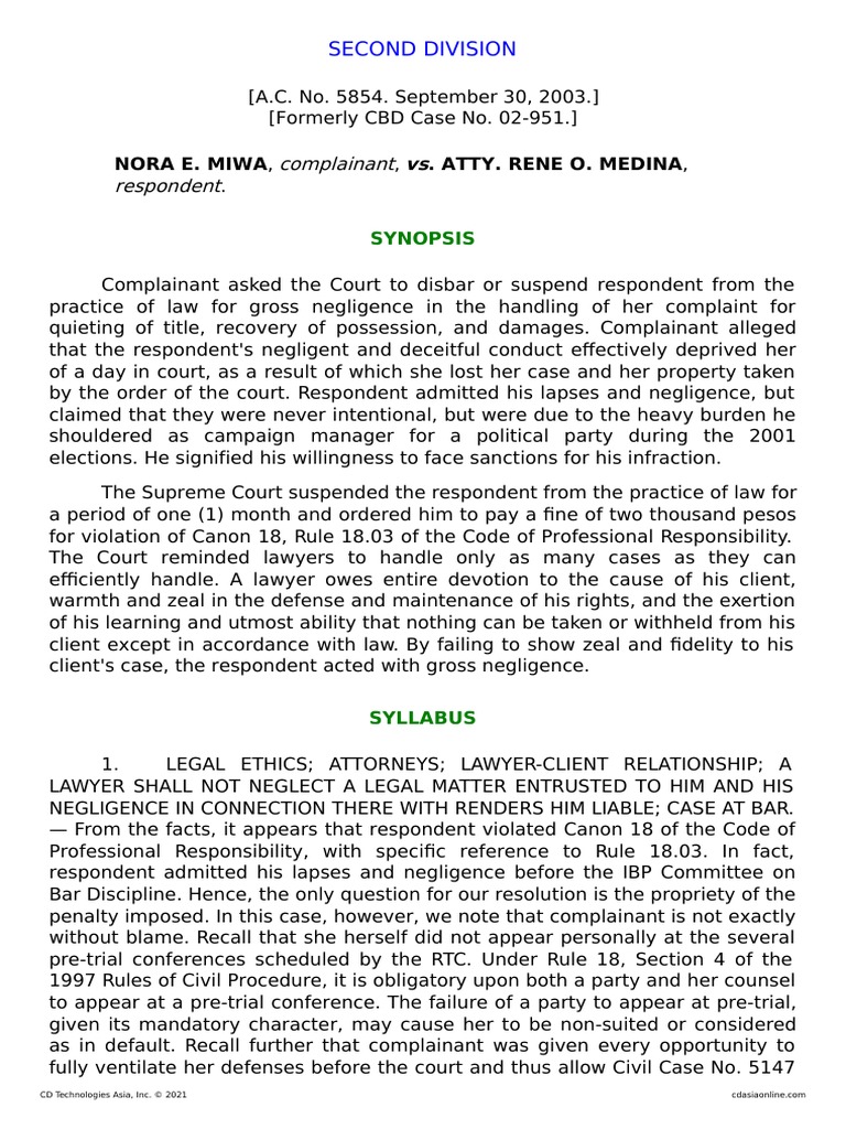 Complainant Respondent: Nora E. Miwa, - Atty. Rene O. Medina | PDF ...