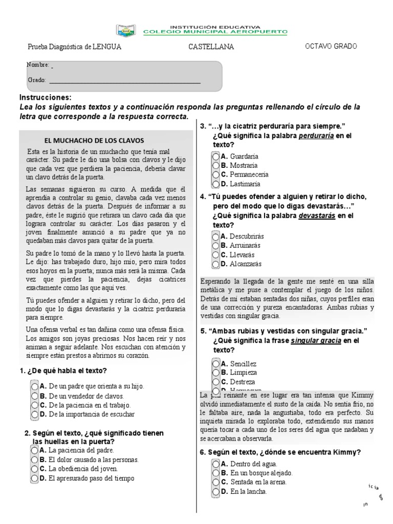 Prueba Diagnóstica de Lengua Castellana 8° | PDF