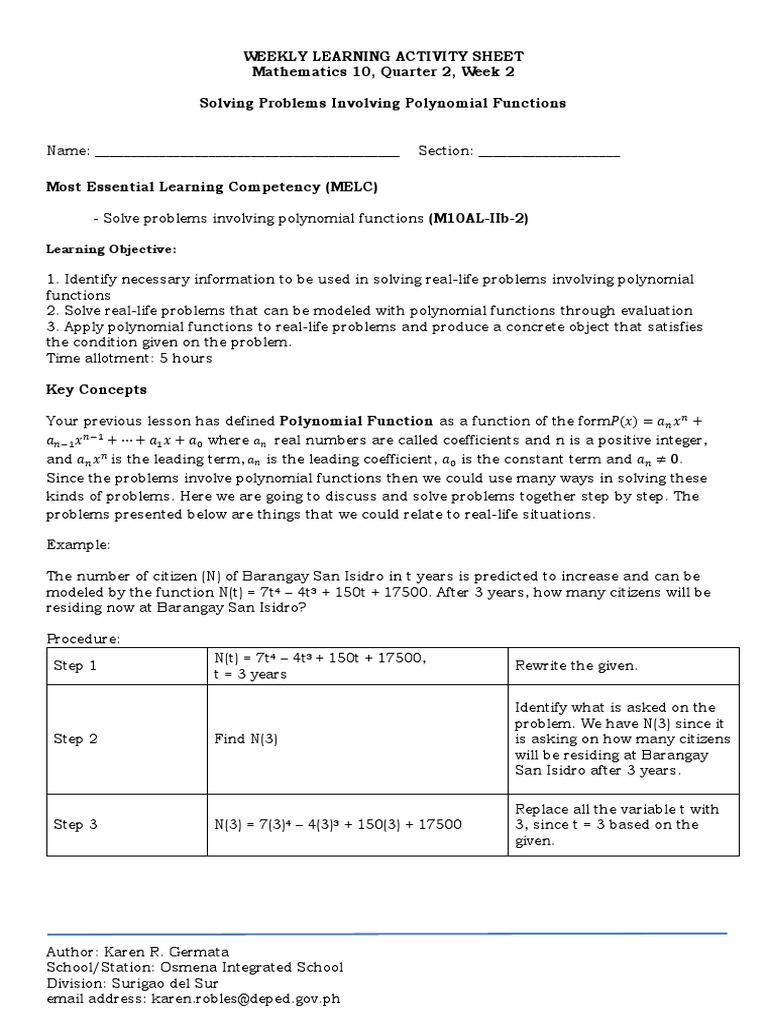Weekly Learning Activity Sheet Mathematics 10, Quarter 2, Week 2 ...