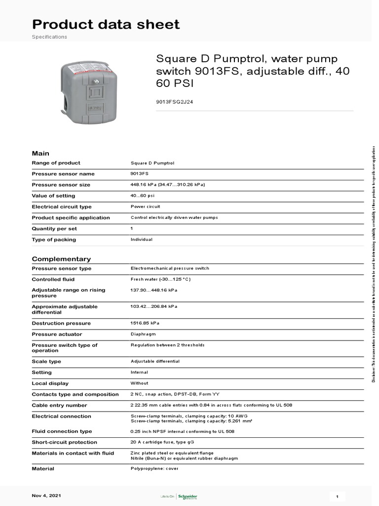 Product Data Sheet: Square D Pumptrol, Water Pump Switch 9013FS ...