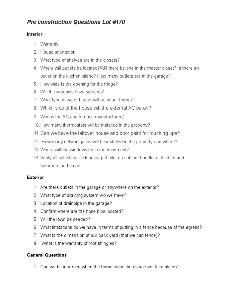 Pre Construction Questions Lot | PDF