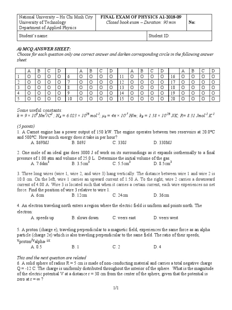MCQ Answer Sheet for Physics Exam | PDF | Gases | Electric Field