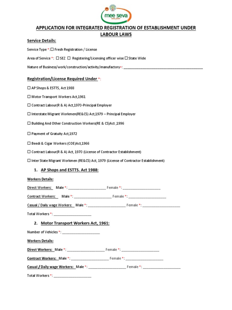 Application For Integrated Registration of Establishment Under Labour Laws-Fresh Registration ...