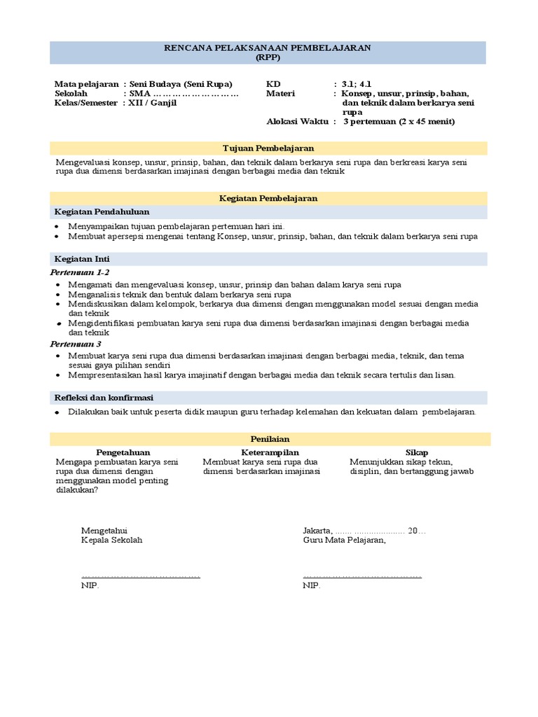 A - 1. RPP Konsep, Unsur, Prinsip, Bahan, Dan Teknik Dalam Berkarya ...