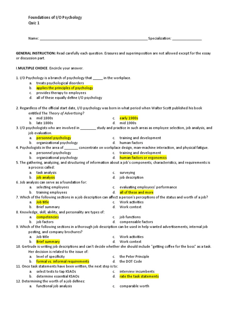 Foundations of I/O Psychology Quiz 1 | PDF | Industrial And ...