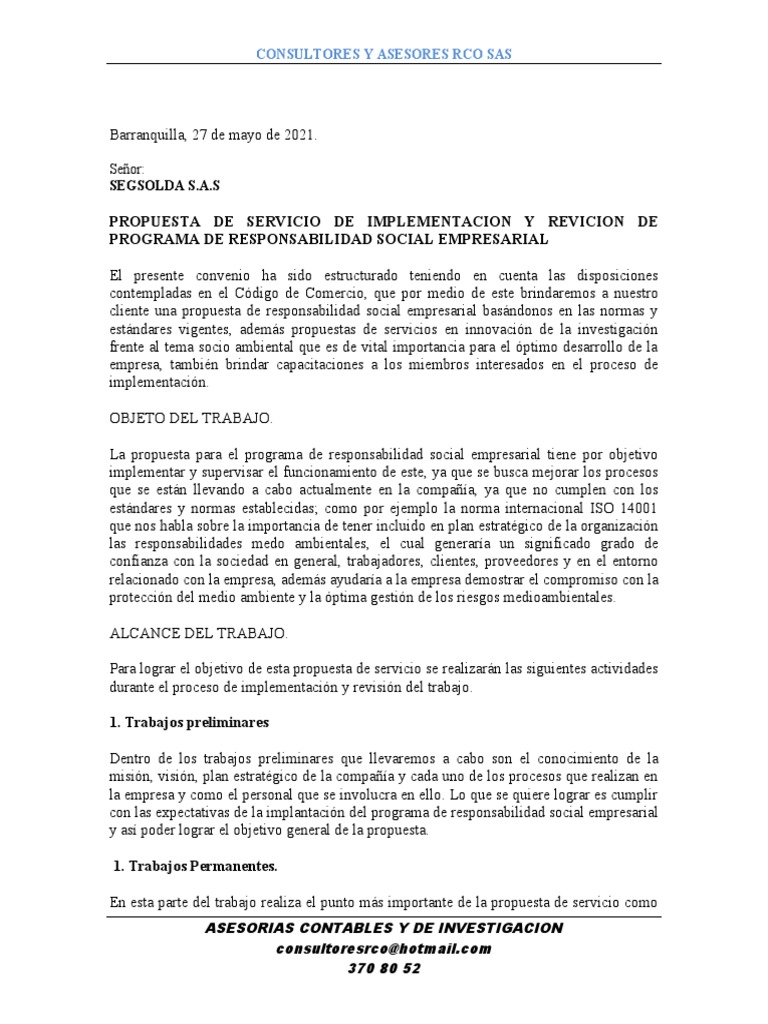 Propuesta de RSE para SEGSOLDA S.A.S | PDF | Responsabilidad social ...