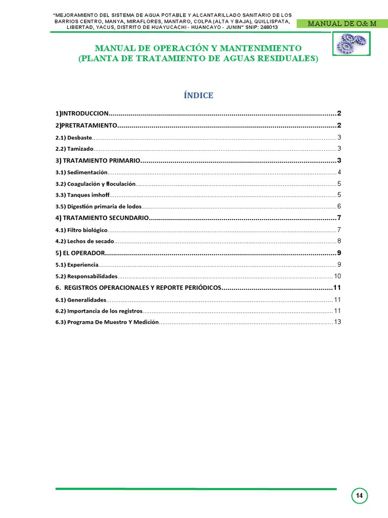 Manual O&M PTAR | PDF | Aguas residuales | Tratamiento de aguas residuales