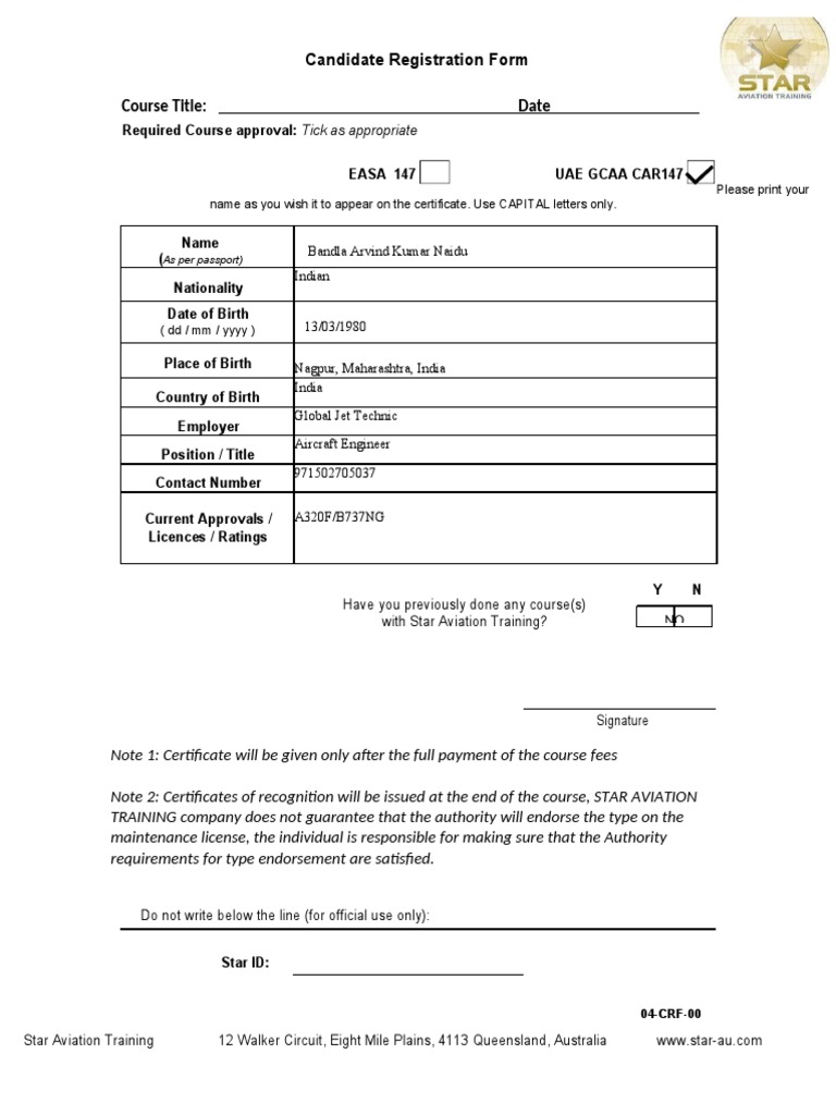 Candidate Registration Form STAR AVIATION 444 | PDF | Transport | Aviation