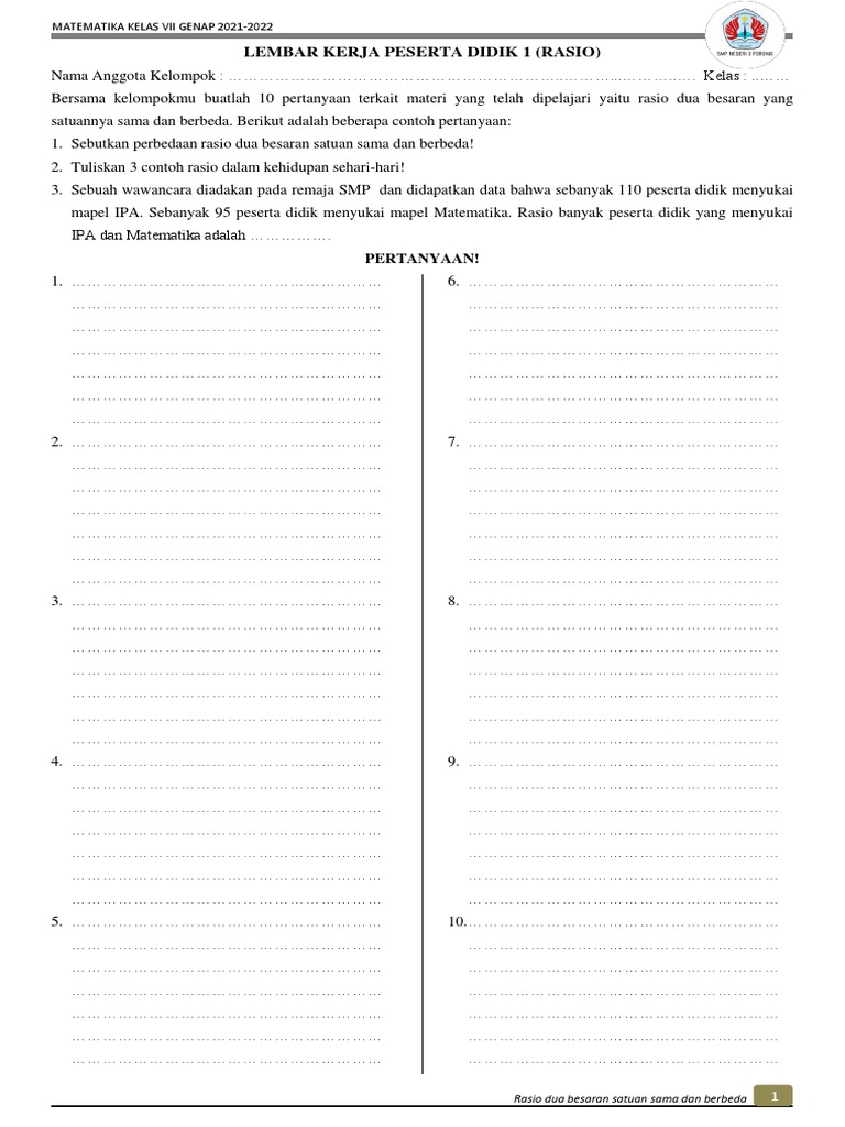 LKPD Rasio Kelas 7 | PDF