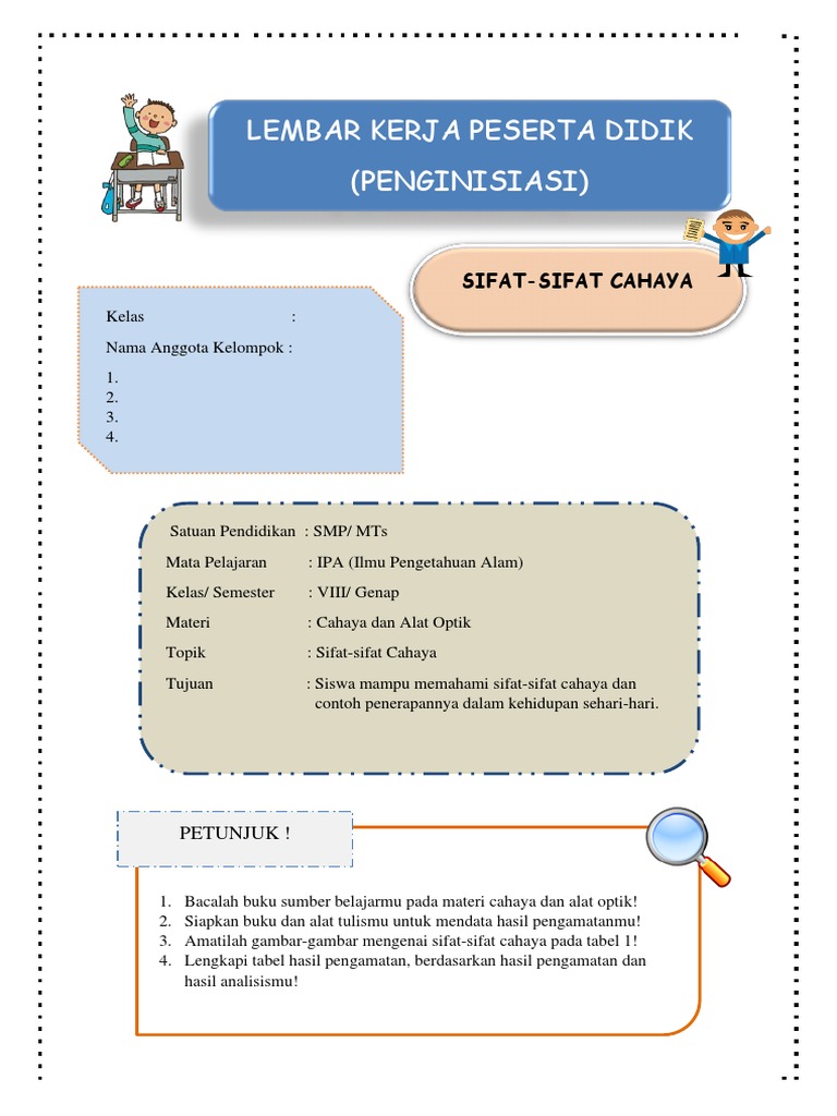 KD 3.12 Kelas 8 LKPD Cahaya Dan Alat Optik | PDF