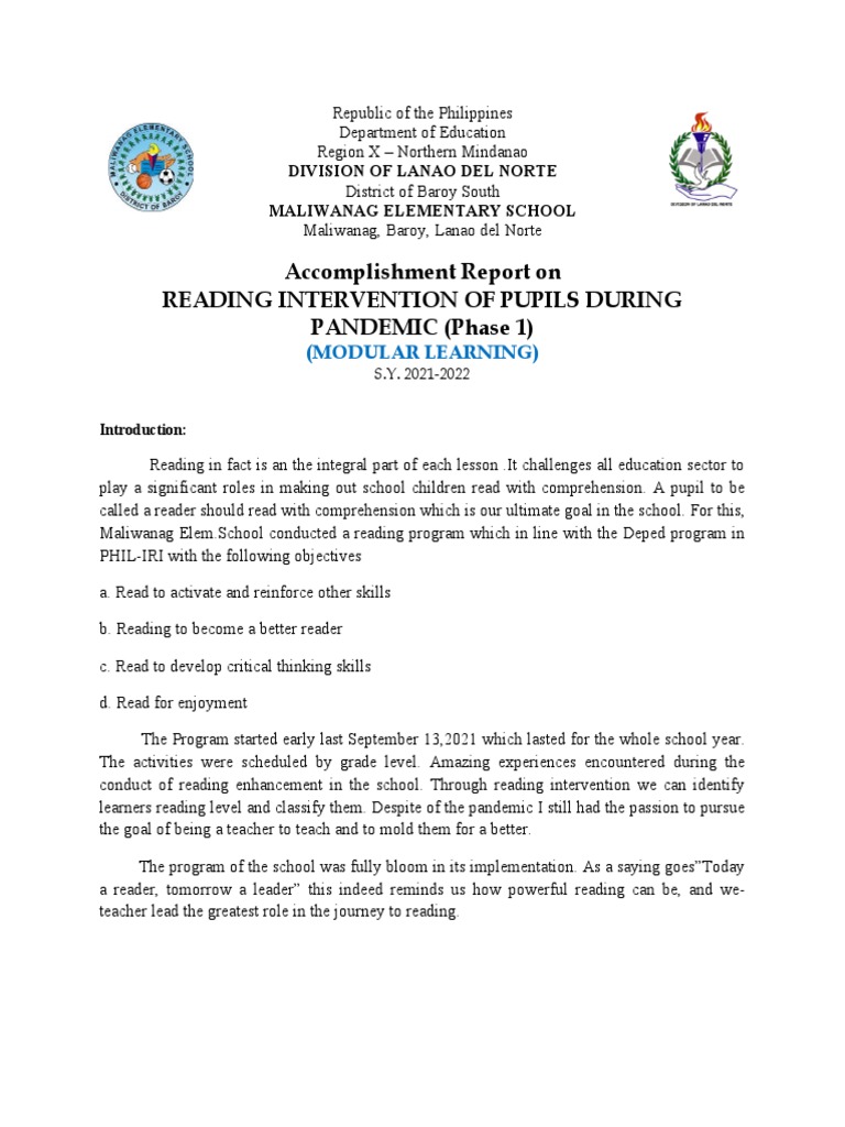 Accomplishment Report On Reading | PDF | Teachers | Learning