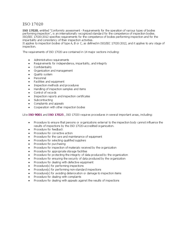 ISO 17020, Entitled "Conformity Assessment - Requirements For The Operation of Various Types of ...