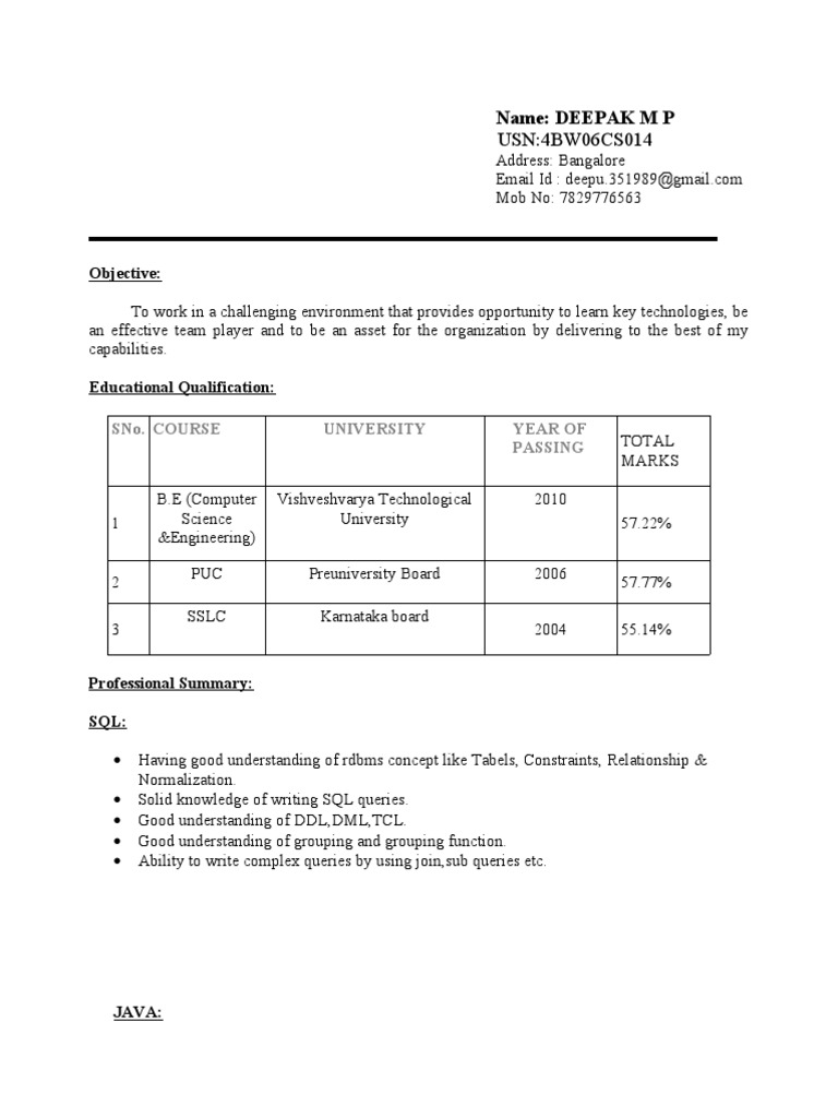 Name: Deepak M P USN:4BW06CS014: Objective | PDF | Sql | Java (Programming Language)