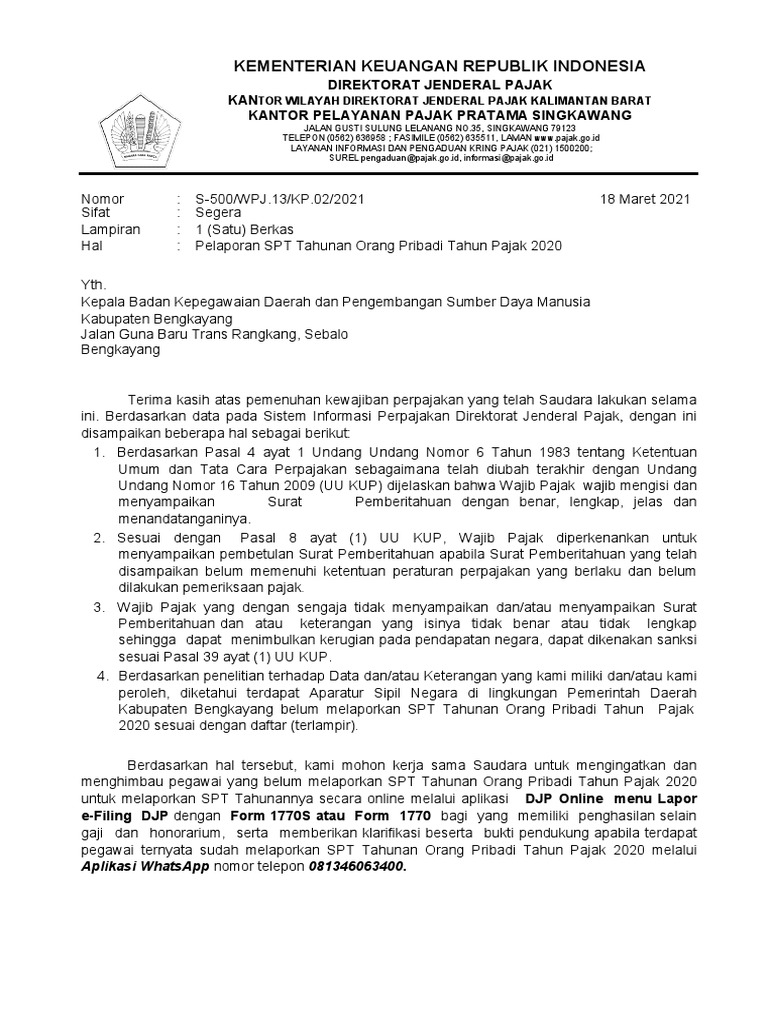 Surat Kepala BKD Dan PSDM Bengkayang | PDF