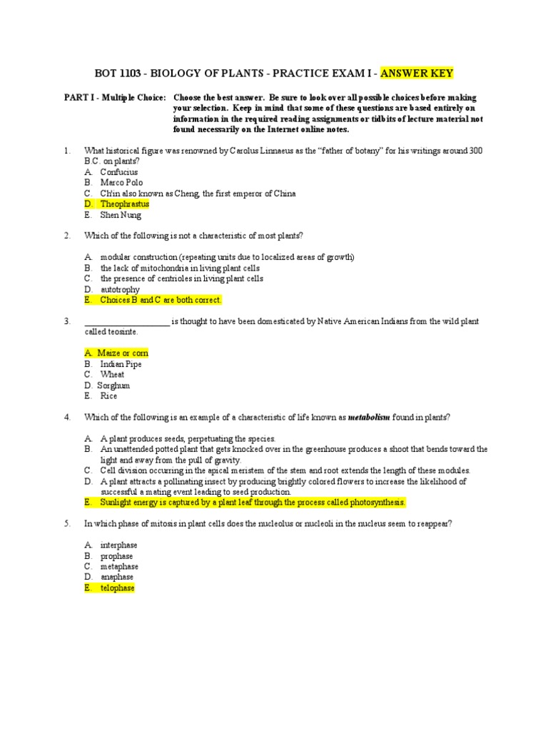 Botany Practice Test I - Answer Key | PDF | Cell (Biology) | Tissue ...