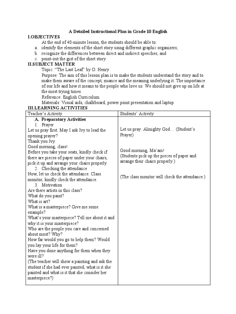 Grade 10 English Lesson Plan: "The Last Leaf" | PDF | Prayer | Lesson Plan