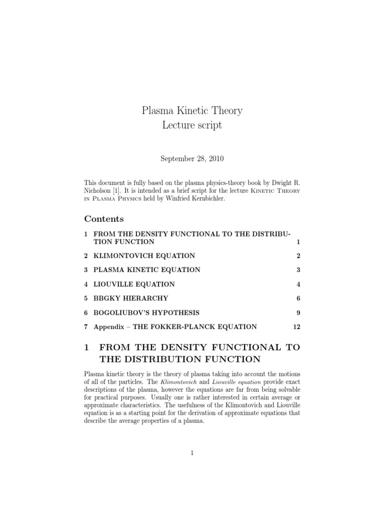 Plasma Kinetic Theory Lecture Script: September 28, 2010 | PDF | Plasma ...