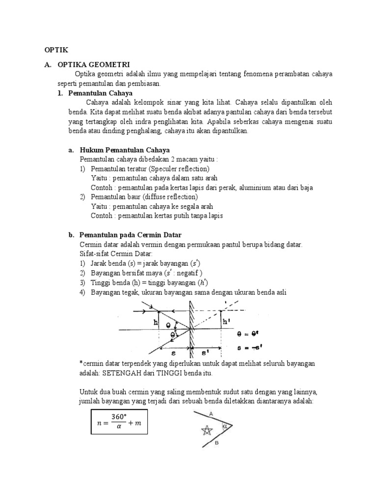 Optik A. Optika Geometri 1. Pemantulan Cahaya | PDF