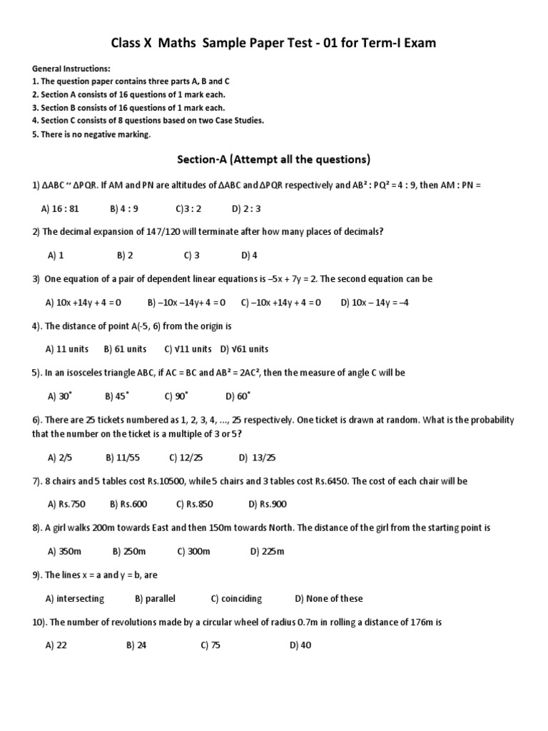 Class X Maths Sample Paper Test - 01 For Term-I Exam: Section-A ...