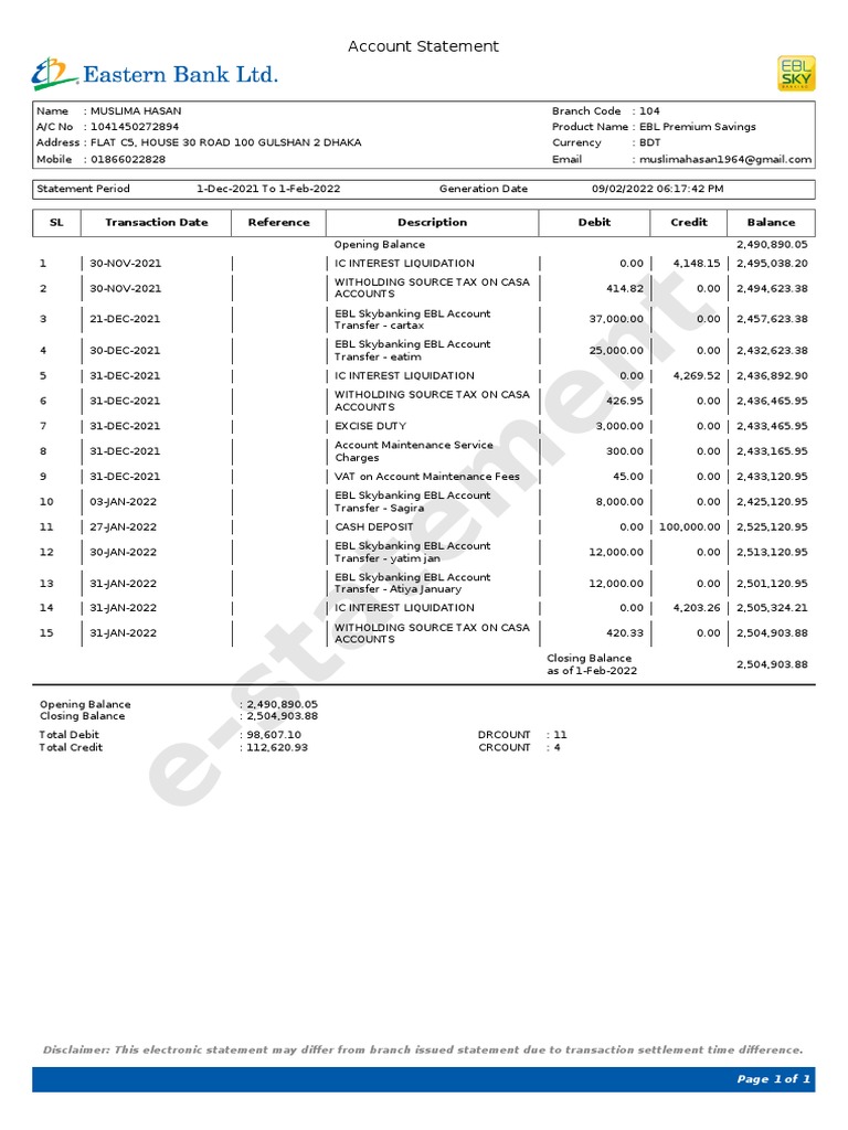 EBL Premium Savings Account Statement | PDF | Debits And Credits ...