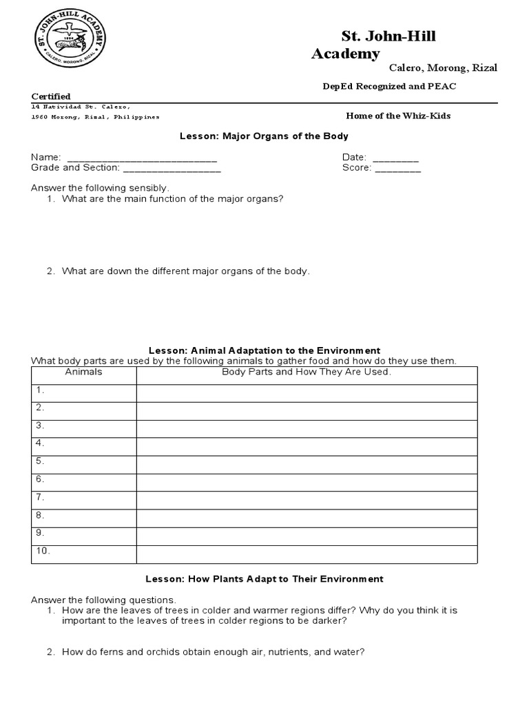 Grade 4 Science Worksheet Q2 | PDF