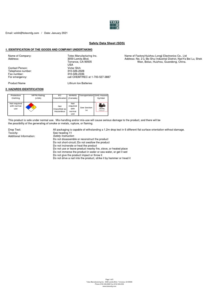 Safety Data Sheet (SDS) : 1. Identification of The Goods and Company ...