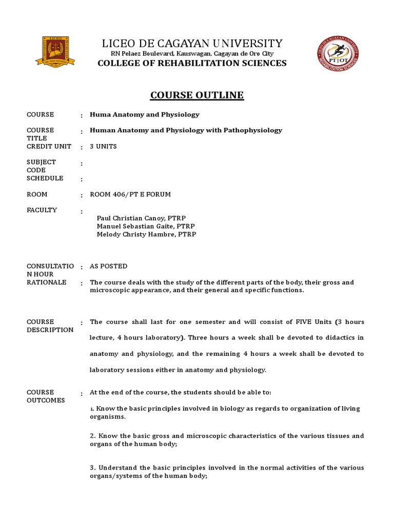 Human Anatomy and Physiology Course Outline | Download Free PDF ...