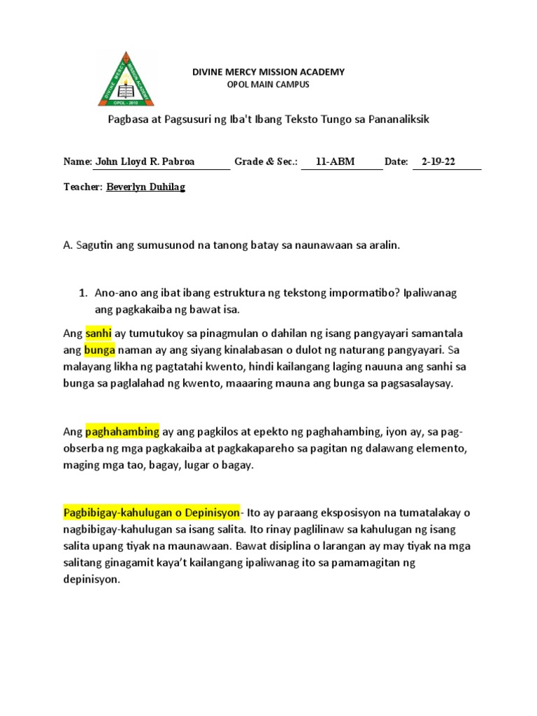 Pagbasa at Pagsusuri NG Iba't Ibang Teksto Tungo Sa Pananaliksik | PDF