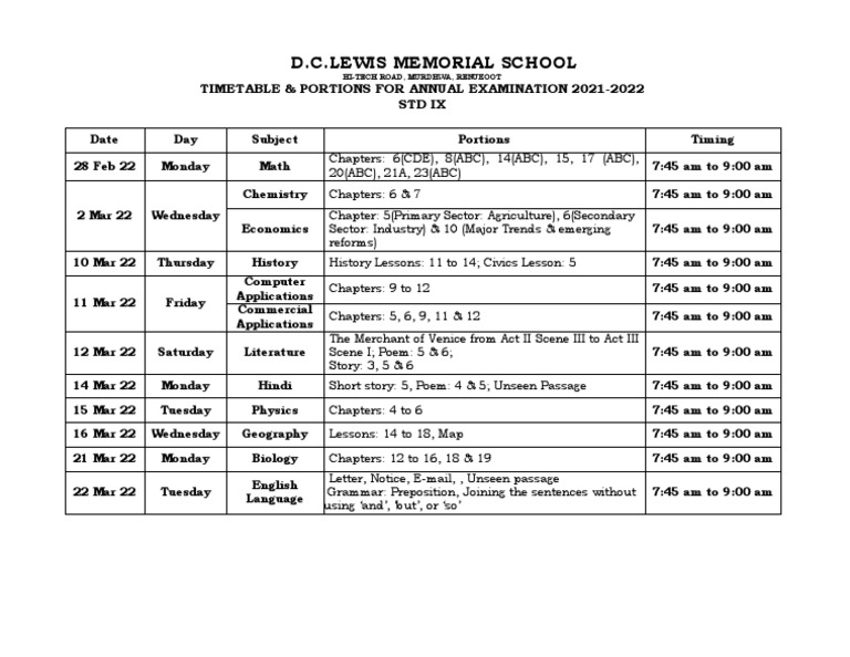 STD 9 Timetable & Portions For Annual Examination | PDF